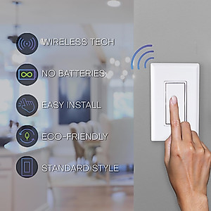 RunLessWire 3-Way Remote Light Switch Kit Wireless Battery-Free Self-Powered Kinetic DIY Wall Switch 150ft RF Range - 3 Way: 1 On/Off Receiver, 2 Switches - White