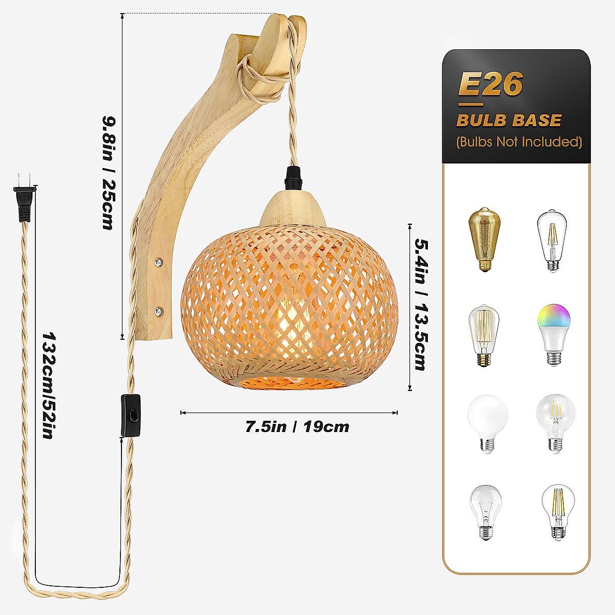 Plug in Wall Sconce, Bamboo Rattan Wall Sconce Decor, Farmhouse Wall Sconce Plug In, Wicker Wall Lamp with Plug in Cord, Hand Woven Boho Sconces Wall Light for Bedroom Living Room