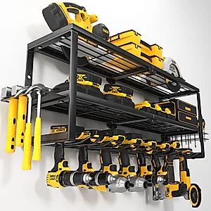 YYR Heavy Duty Power Tool Organizer Wall Mount, Cordless Drill Hanger Storage Rack, Battery Tools Holder with Charging Station Shelf for Garage Organization, Workshop, Pegboard, Shed - 32 Inch 8 Slots
