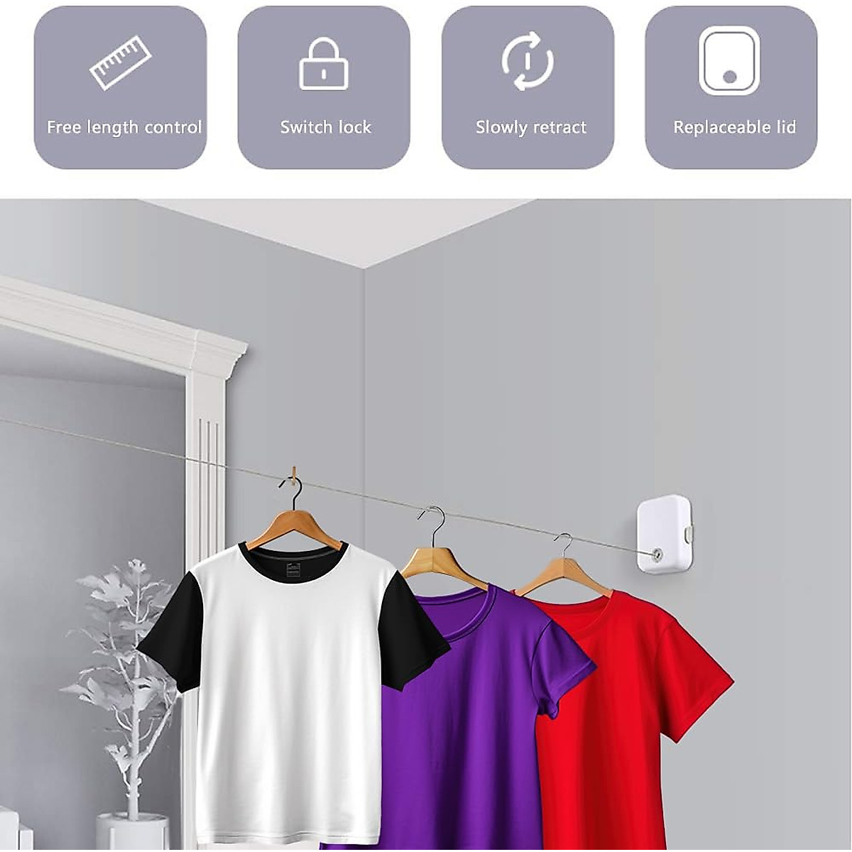 KAZIPA Retractable Clothes Line Indoor, Heavy Duty Wall Mounted Drying Rack, Adjustable Outdoor Hanging Clothing Laundry Drying Rope, White