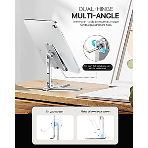 MoKo Tablet/Phone Stand, Foldable Aluminum Desk Phone Stand for iPhone/Tablet 4-11", Fit with iPhone 16/Pro/Pro Max/Plus, iPhone 14 Pro Max/14, iPad Air 4/Mini 6, iPad Pro 11, iPad 10.2 10th, Silver