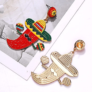 Cinco De Mayo Earrings for Women Colorful Beaded Fiesta Chill Dangle Earrings Statement Letter Drop Earrings Mexican Festival Jewelry Gifts (Chili)