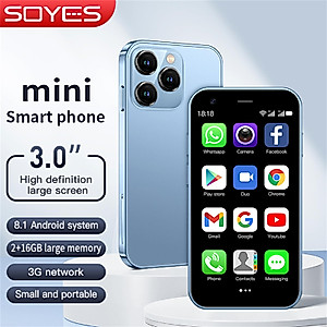 SOYES XS15 Mini Smartphone 3.0 Inch 3G WCDMA MTK6580 Quad Core Android 8.1 Mobile Phone WiFi GPS 2GB RAM 16GB ROM Dual Sim Google Play Cute Card Cellphone (Blue)