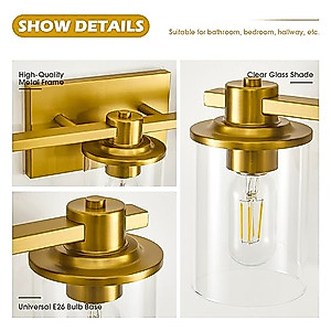Eatich Bathroom Light Fixtures, 3-Light Brushed Gold Bathroom Vanity Light, Brass Vanity Lights for Bathroom with Clear Glass Shade, Modern Vintage Bathroom Lights Over Mirror
