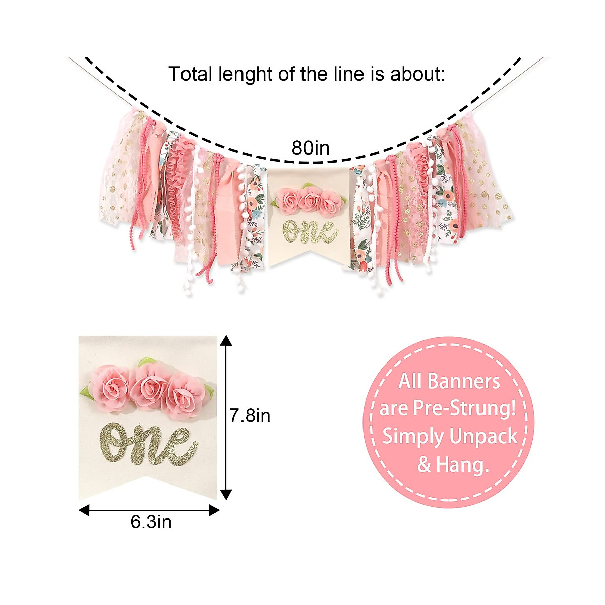 Girl Highchair Banner - floral Birthday Party Decoration, Rustic High Chair Banner For 1st Birthday Girl, Cake Smash Photo Prop, Gold One Birthday Sign（Flower One Banner)