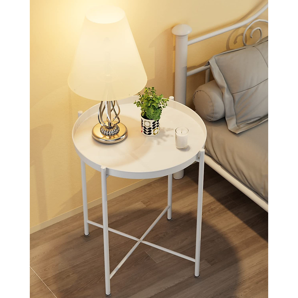 EKNITEY End Table,Folding Metal Side Table Waterproof Small Coffee Table Sofa Side Table with Removable Tray for Living Room Bedroom Balcony and Office
