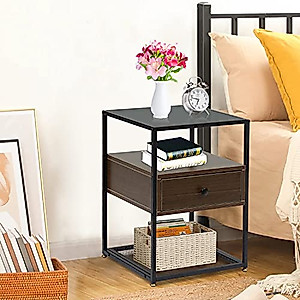 Kinfant End Table Set with Drawer - Nightstand Bedside Table with Mesh Shelf, Side Table with Glass Top for Hallway, Living Room, Bedroom, Rustic Brown and Black (2)
