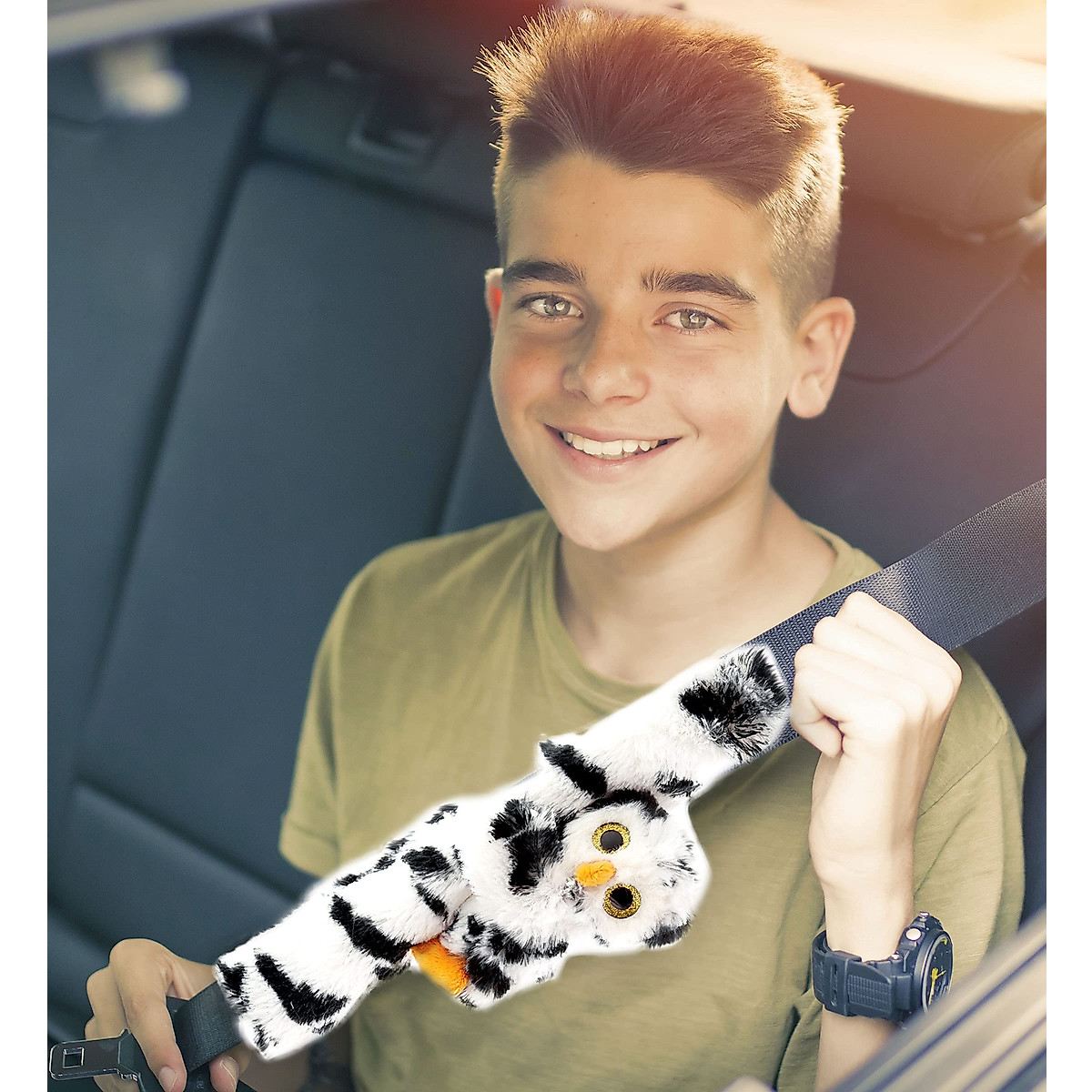 DolliBu White Owl Plush Car Seatbelt Cover - Soft Fluffy Cushion Support for Safety Seat Belt Strap Cover, Decorative Wild Life Stuffed Animal Padded Toy, Cute Vehicle Accessory for Kids & Adults