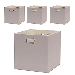 Fboxac Cube Storage Bins 13×13 Linen Foldable Box with Handles, Collapsible Organization Basket Set of 4 Large Capacity Drawer for Closet Shelf Cabinet Bookcase Bedroom, Beige Sepia