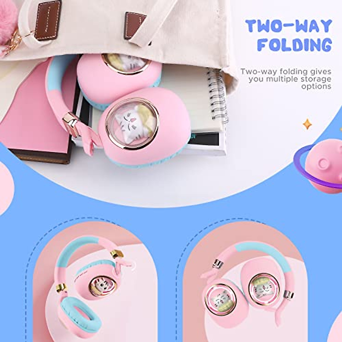 QearFun 7 Colors LED Light Up 3D Cat Headphones Bluetooth, Foldable Cat Ear Wireless On Ear Earphones Gaming Headset with Mic & 3.5mm Jack, Gifts for Kids/Teen Girls/Cat Lover/iPad/Tablet（Pink）