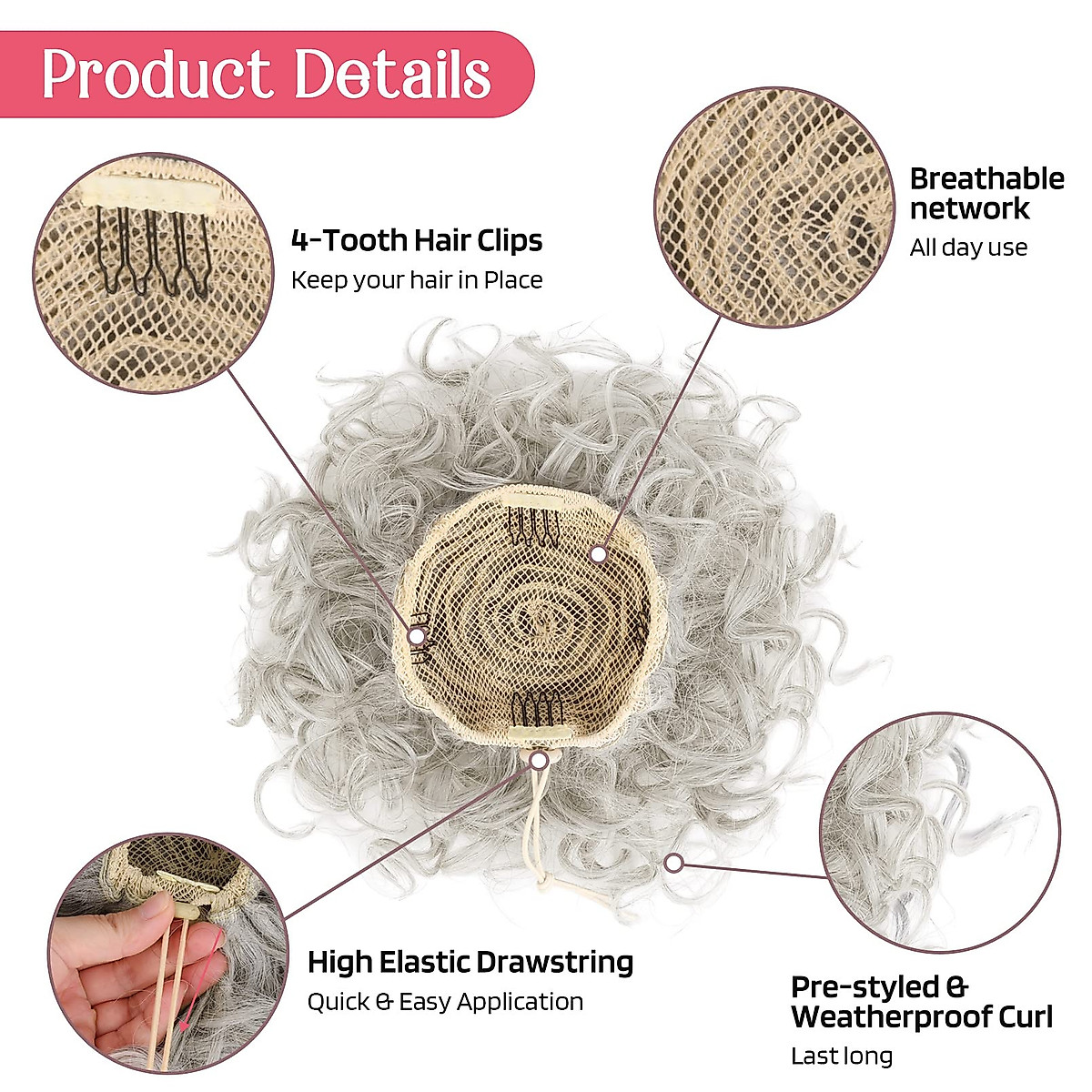 HOOJIH 1PCS Messy Hair Bun Piece Elastic Drawstring Loose Wave Large Curly Bun 60 Gram Short Synthetic Ponytail Hair Bun Extension for Women Daily Use - Silver Gray With Brown mixed