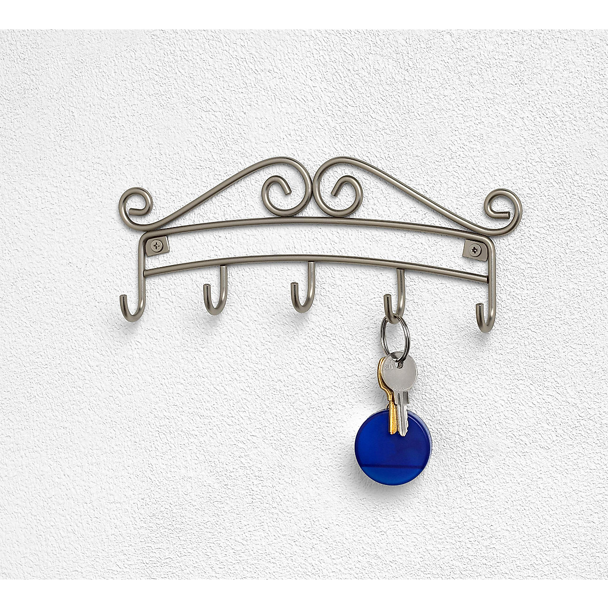Scroll Wall Mount 5 Hook Key Rack Office Mudroom Entryway Organizer with Hooks for Coats, Leashes, Keys, Scarves and more, Satin Nickel