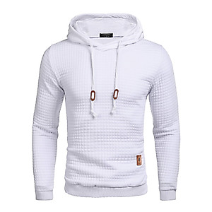 COOFANDY Mens Long Sleeve Drawstring Plaid Jacquard Hooded Sweatshirt, White, Large