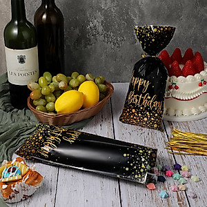 100 Pcs Black Gold Party Favor Gift Bags Plastic Party Treat Bags Foil Dot Candy Goodie Treat Bags with 100 Gold Twist Ties for Kids Birthday Party Supplies