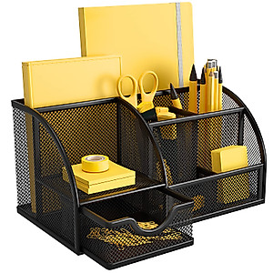 Pipishell Mesh Desk Organizer Multifunctional Desktop Organizer Office Supplies Holder with 6 Compartments and 1 Drawer for Home Office School Classroom