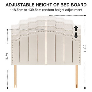 Kingfun Mid Century Headboard for Queen Size Bed,Velvet Upholstered Tufted Bed Headboard with Nailhead Decor,Adjustable Curved Solid Wood Head Board Vertical Channel Design (Medium Beige)