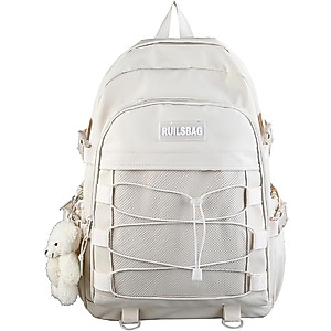 JIESIHAO Aesthetic Laptop Backpack Lightweight High-Capacity Nylon Travel Daypack for Women Cute Kawaii College Backpack with Bear Pendant (A01-Beige-bear Pendant)