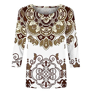 Womens Fashion Fall Tops 2023 Casual Dressy 3/4 Sleeve Loose Fit T Shirts Trendy Crew Neck Floral Printed Cute Blouse