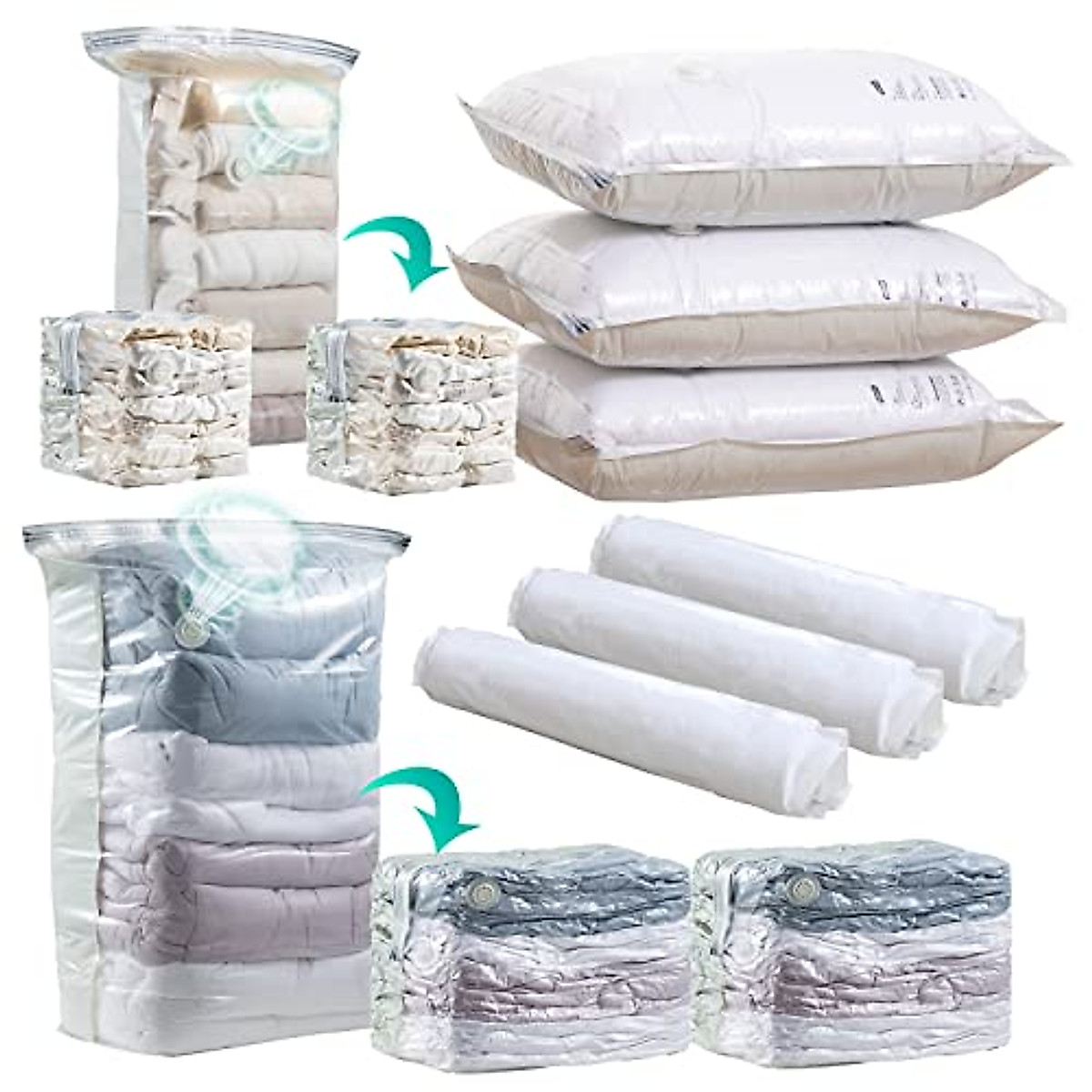 CLEVHOM Vacuum Storage Bags Combo 12 Pack, Vatiety Space Saver Bags for Clothes Beddings Comforters Blankets Quilts Duvets Coat Jacket Sweater, Vacuum Sealer Bags Save 80% Space for Closet Organizers and Storage