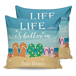 Outdoor Waterproof Pillow Covers for Patio Furniture Summer Beach Decorative Throw Pillow Cover Life Is Better in Flip Flops Pillowcases Set of 2 Cushion Case for Sofa Couch Chair Home Decor 18x18inch