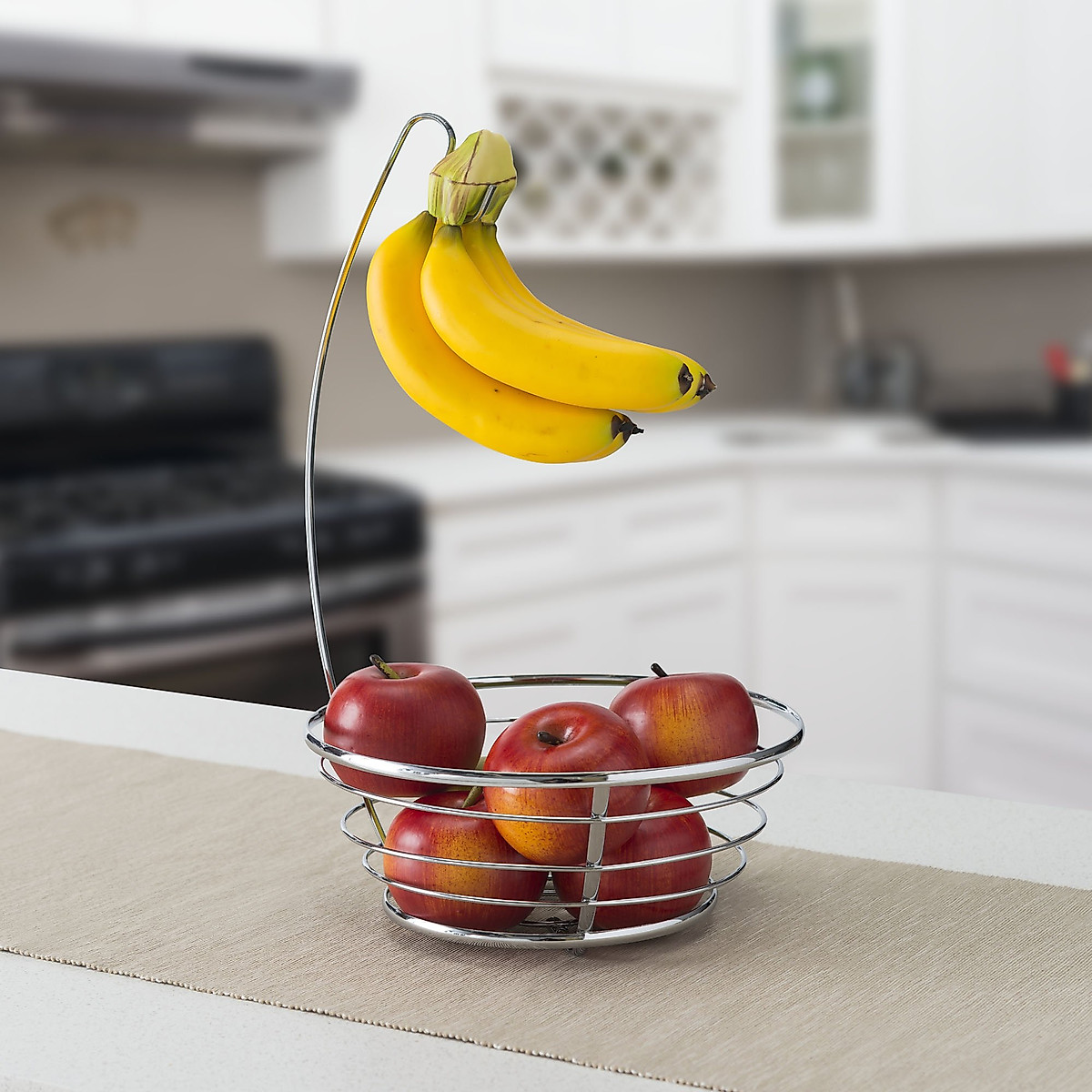 Home Basics Chrome Plated Steel Fruit Tree Basket Bowl with Banana Hanger, Free Standing, Rust Resistant, Silver