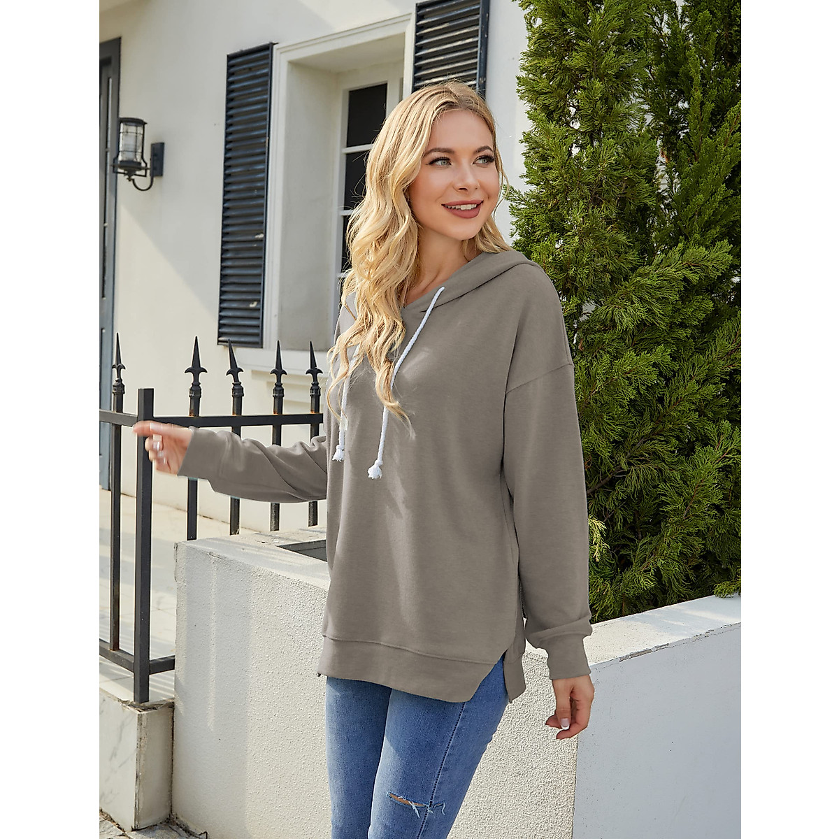 Women Casual Pullover Hoodie Tunic Tops Casual Long Sleeve Sweatshirt Loose Soft Pullover Beige Large