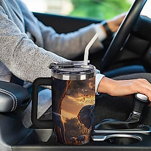 Elephants in Sunset Water Insulated Tumblers with Handle Stainless Steel Coffee Mug Funny Travel Cup with Lid Straw 40oz