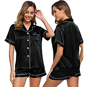 SWOMOG Womens Silk Satin Pajamas Set Two-piece Pj Sets Sleepwear Loungewear Button-Down Pj Sets Black