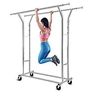 HOKEEPER 330 Lbs Double Clothing Garment Racks Commercial Rolling Clothes Rack for Hanging Clothes Heavy Duty Portable Collapsible Chrome
