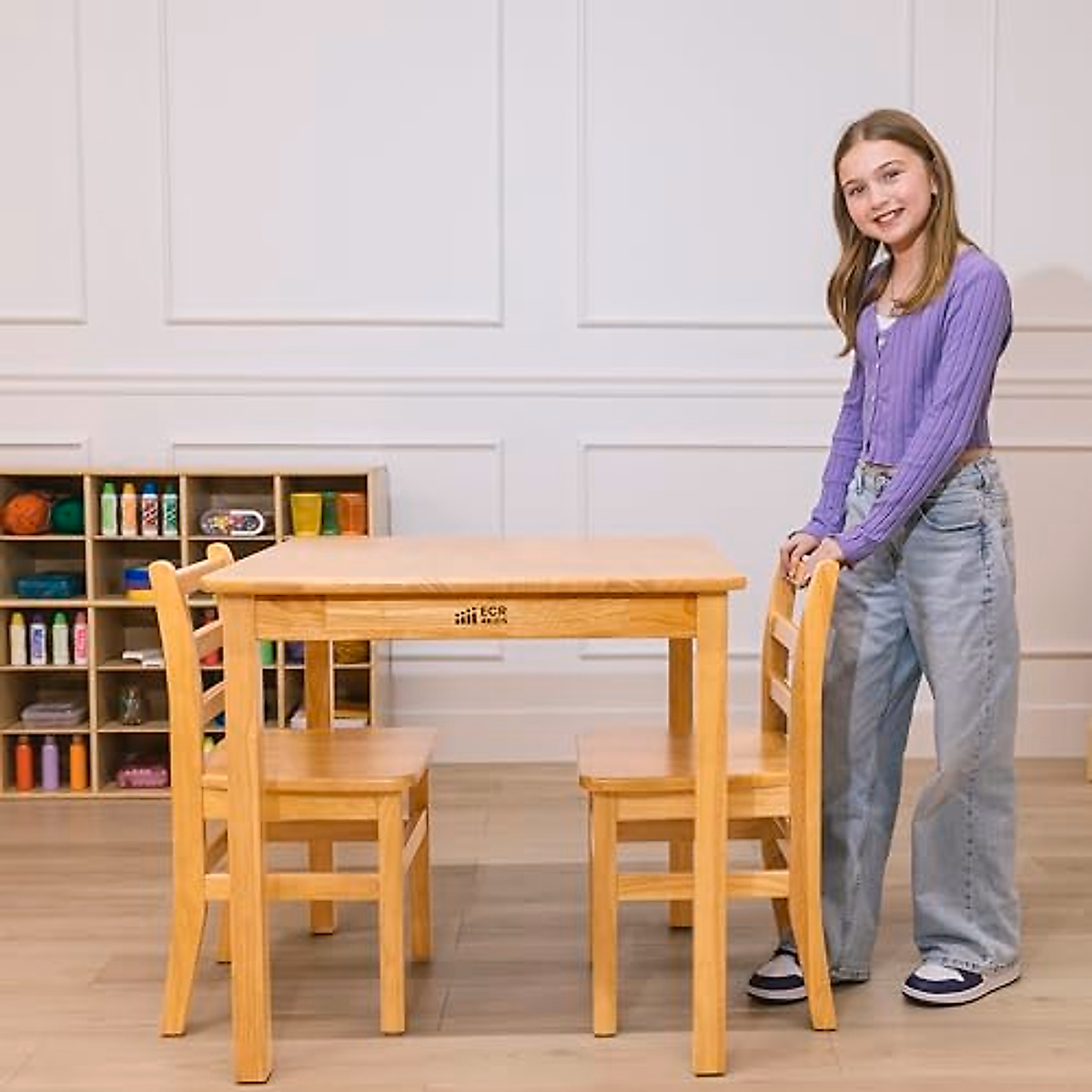 ECR4Kids 30in x 30in Square Hardwood Table with 28in Legs and Two 16in Chairs, Kids Furniture, Honey