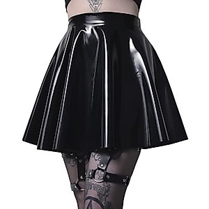 SEMATOMALA Women's PVC PU Leather Short Skater Skirt Black Latex Wet Look Shiny Pleated Flared A Line Mini Skirt Clubwear(BL,XL)