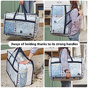 Victrekon Clear Storage Bag with Dual Zippers & Handles, 75L Extra Large Capacity Vinyl Underbed Storage Organizer for Comforter, Blanket, Bedding, Clothes, Duvet, Sheet, Toys, 6 Pack, Blue