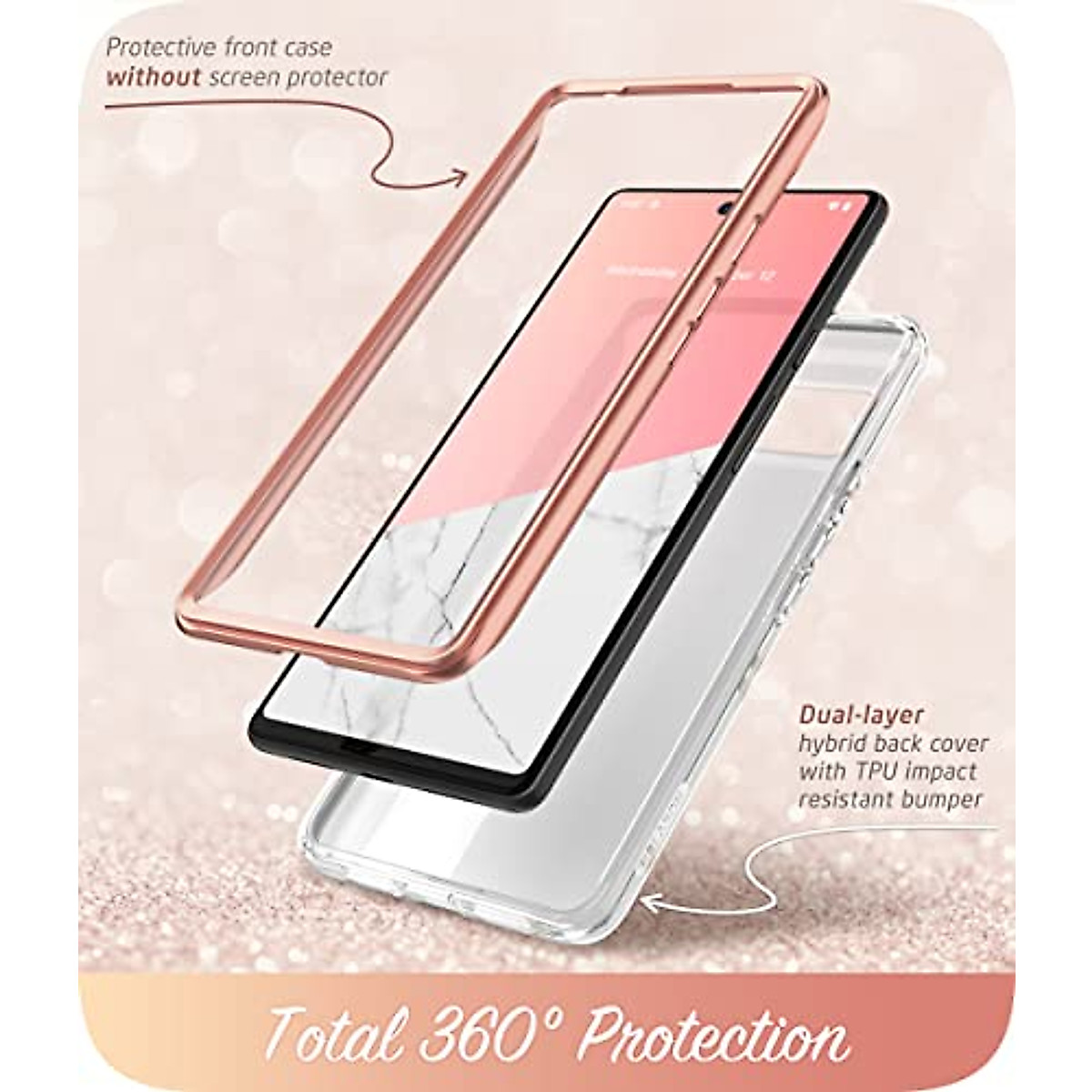 i-Blason Cosmo Series Case for Google Pixel 6 (2021), Slim Full-Body Stylish Protective Case Without Built-in Screen Protector (Marble) Pink