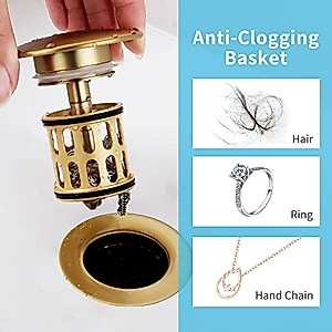 EAARSUO Bathroom Sink Pop Up Drain Without Overflow, Vessel Sink Drain with Detachable Filter Basket, Anti-Corrosion and Anti-Clogging Sink Pop Up Drain Stopper (Brushed Gold)