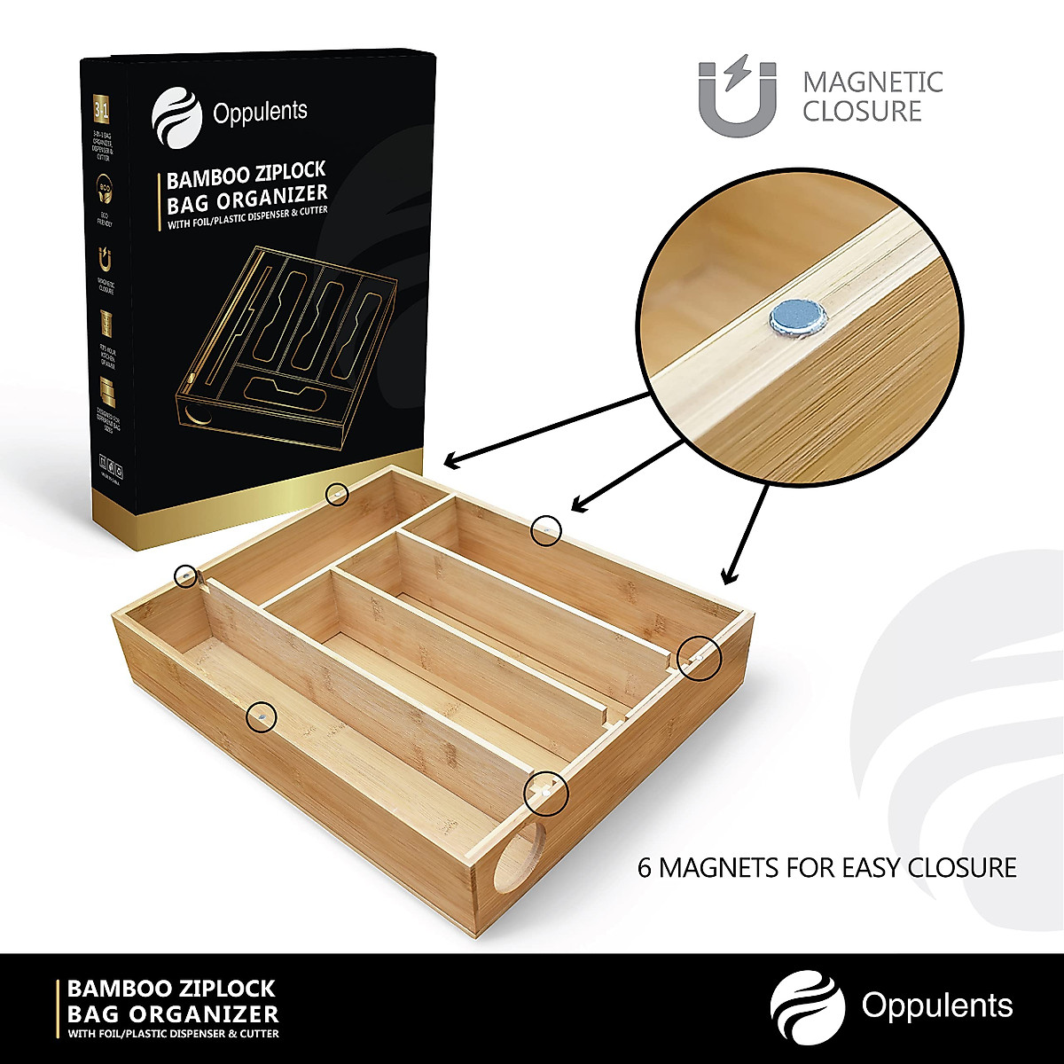 Oppulents Bamboo Ziplock Bag Storage Organizer for Kitchen Drawer with Foil/Plastic Dispenser and Cutter Suitable for Gallon, Quart, Sandwich & Snack Sizes Magnetic Closure Multipurpose Organizer