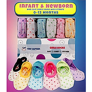 Tiny Captain Baby Toddler Girls Grip Socks 0-12, 1-3, 3-5 Year Old Anti Slip w/Strap Socks Girl 0-5 Yr Old Gift (as1, age, 1_year, 3_years, Rainbow - 6 Pairs)