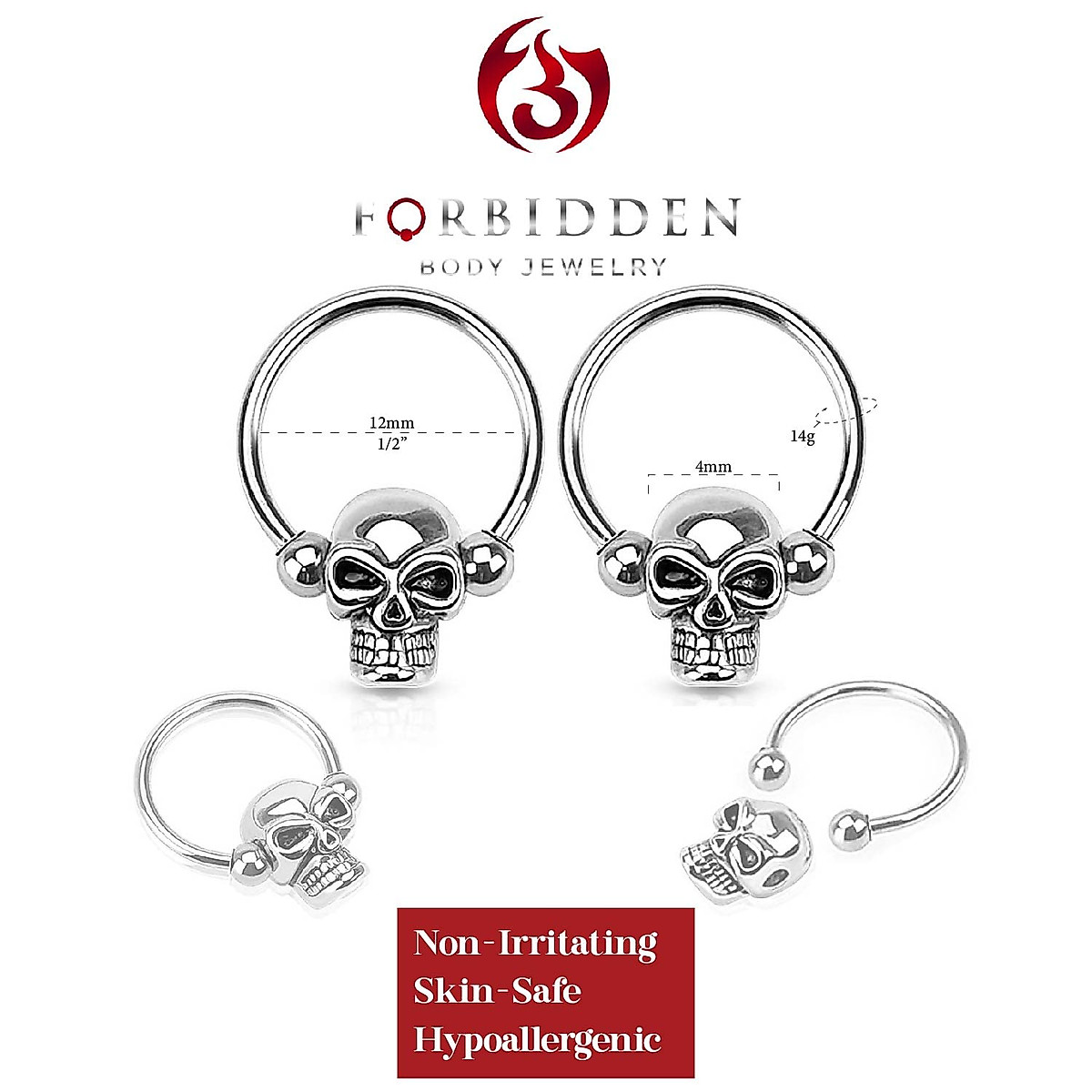Forbidden Body Jewelry Surgical Steel Skull Captive Bead Ring Hoops, Skull Septum Ring, Nipple Ring, CBR 14G 12mm (Sold as a Set)