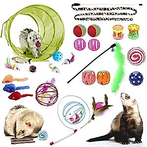SunGrow Ferret Tunnel and Assorted Toys Variety Pack, Interactive Kitten & Ferret Toys & Accessories, for Indoors, Teaser Wand, Crinkle Balls, Bell Set, etc., 30 Pcs per Pack