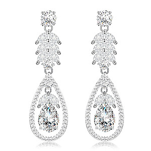 Wedding Earrings for Brides, Cubic Zirconia Leaves Teardrop Bride & Bridesmaid Bridal Earrings for Wedding, 14K White Gold Plated Dangle Earrings for Women, Prom, Pageant, Weddings Mother of The Bride