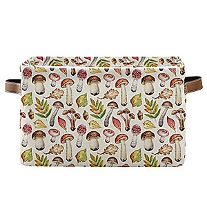 ALAZA Mushroom Leaves Autumn Large Storage Basket with Handles Foldable Decorative 1 Pack Storage Bin Box for Organizing Living Room Shelves Office Closet Clothes