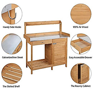 Topeakmart Outdoor Potting Bench Table Work Station Garden Planting with Cabinet & Drawer & Top Shelf & Lower Shelf Natural Wood
