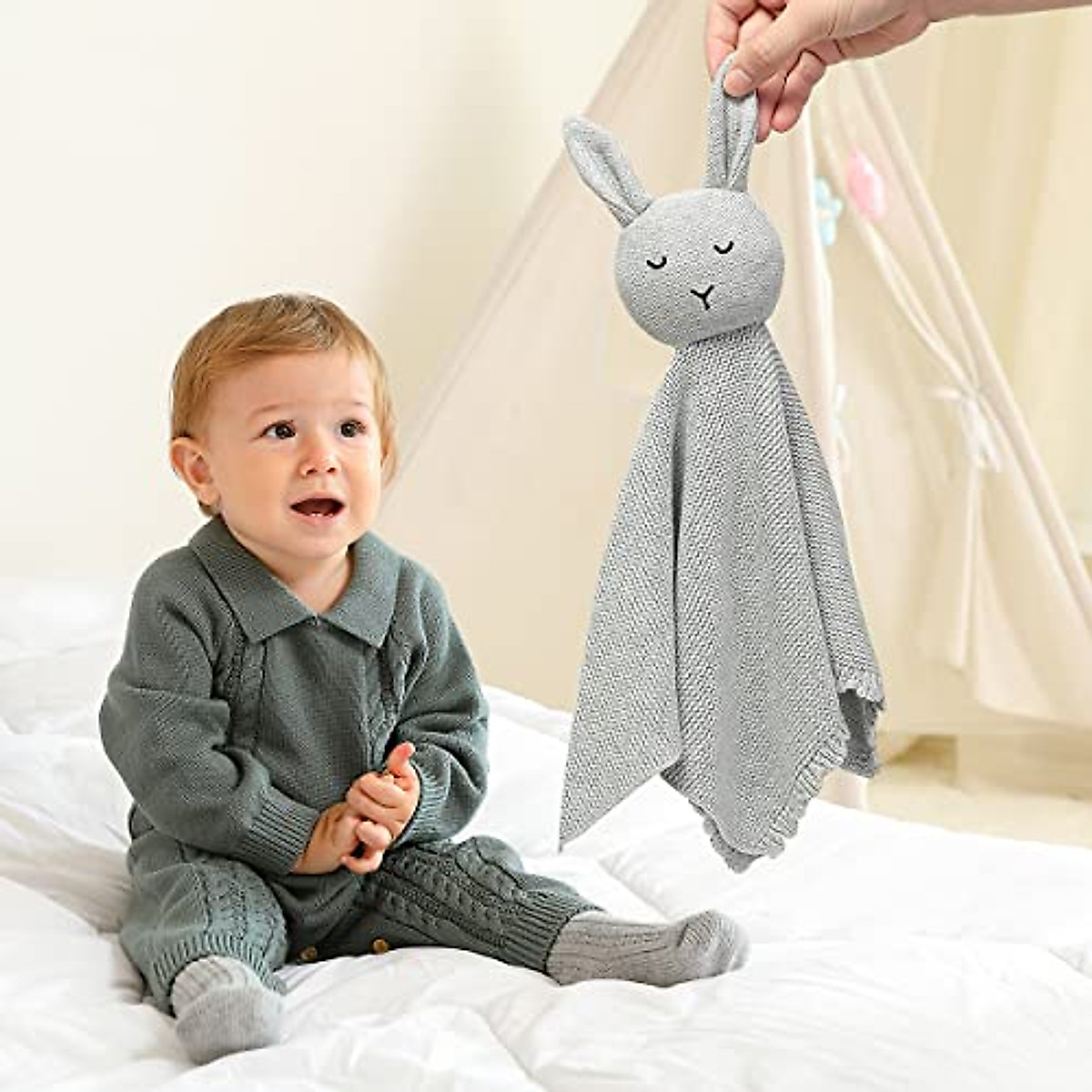 Hadetoto Baby Lovely Cotton Security Blanket Bunny Comforter Blanket Soft Knit Babies Lovies Toys for Newborn Boys Girls Gifts, Grey
