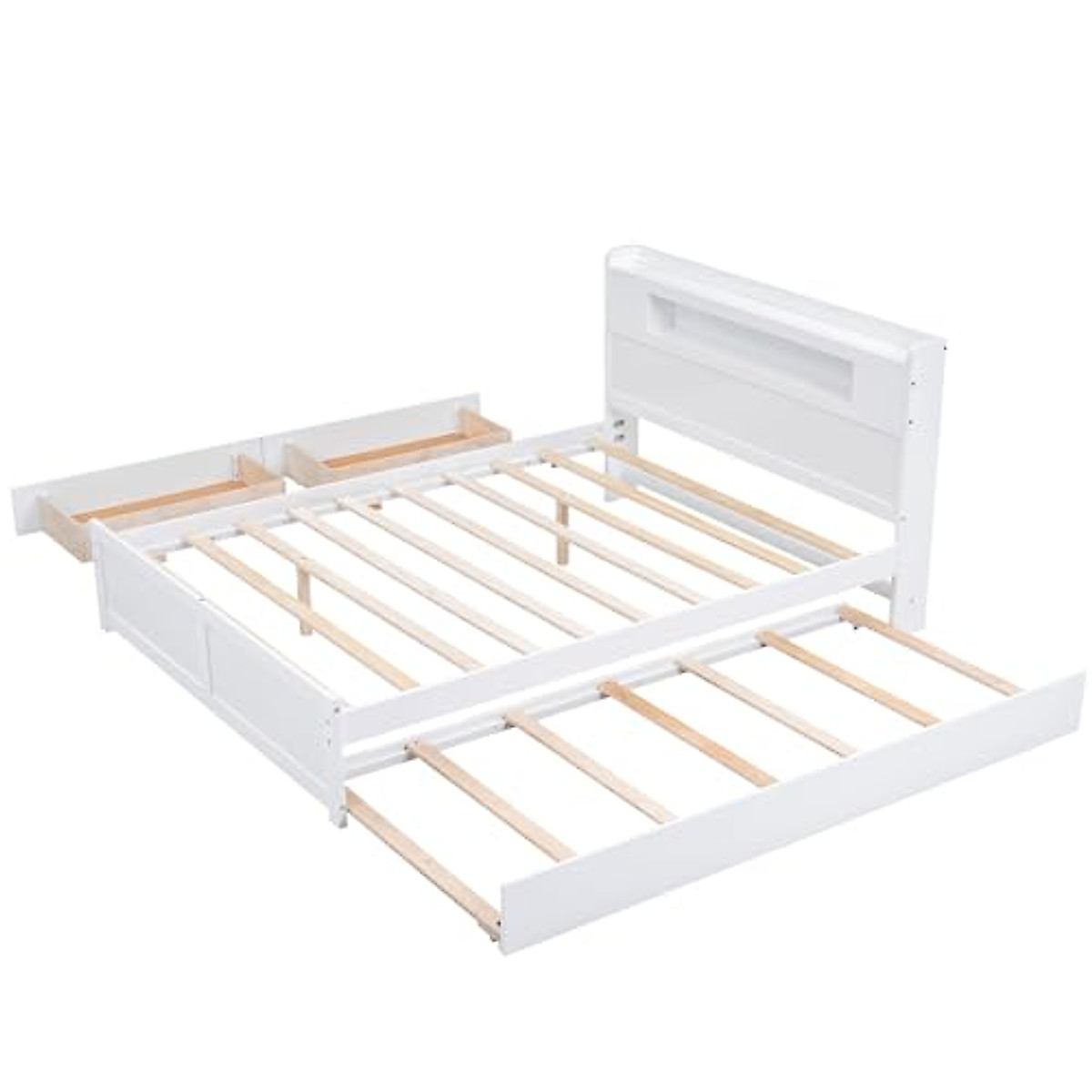 WOODRK Queen Size Storage Platform Bed Frame with Multifunctional Headboard with LED and Storage Shelves, Modern Wooden Beds with 2 Drawers and 1 Twin Size Trundle, for Bedroom, Easy Assembly, White