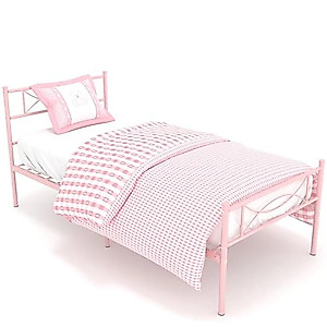 Pink Twin Bed Frame for Girls, Bed Mattress Foundation Support with Headboard and Footboard No Box Spring Need Metal Platform Bed