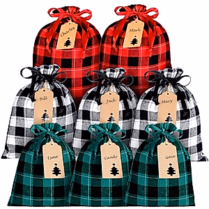 8 Pieces Cotton Xmas Plaid Drawstring Bags Fabric Present Bags Stocking Storage Sack Present Xmas Sack Party Favors Bags (3 Size) for Christmas Party Decoration Supplies (Multiple Colors)