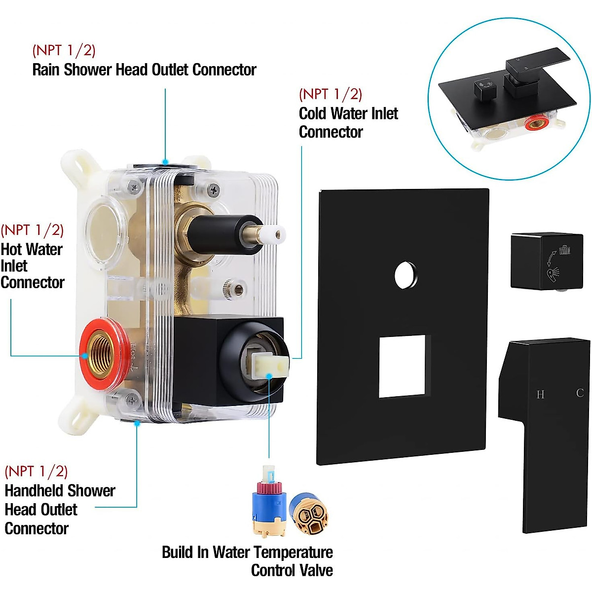 Qomolangma 10 inch Rain Shower System, Black Shower Faucet Set with Pressure Balance Valve, Wall Mounted 2-Functions Bathroom Shower Systems with Rain Shower and Handheld Spray Shower Trim Included