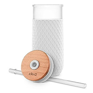 Ello Devon 18oz Glass Tumbler with Straw, Friction Fit Bamboo Wood Lid and Silicone Sleeve | Perfect for Iced Coffee, Tea, and Smoothies | White