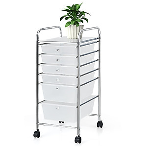 Happygrill 6-Drawer Organizer Cart Tools, Mobile Utility Storage Cart with Removable Drawers & Lockable Wheels, Rolling Storage Cart with Wheels for Home Office,Clear