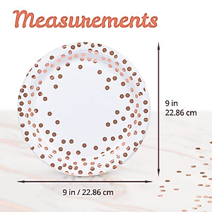 MATICAN Party Paper Plates, 50-Pack Disposable White and Rose Gold Plates, Foil Polka Dots, 9-Inch
