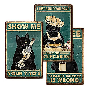 Vintage Funny Black Cat Signs Posters 3 Pack (Coffee, Tito's, Cake Funny Signs) Duplex Printed Retro Kitchen Bar Wall Decor for Home, Office, Cafe Wall Art, Gift for Cat Lover, 8x12 Inches